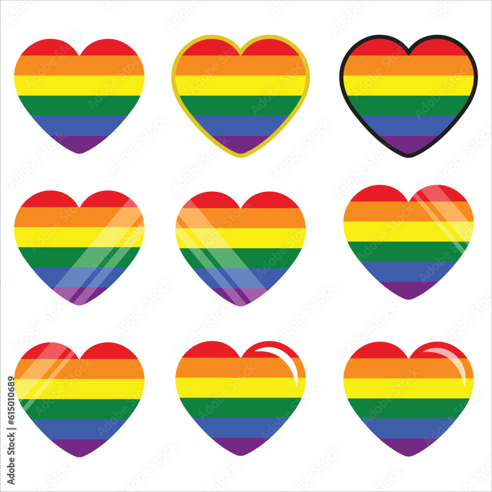 various styles of LGBTQ+ heart icon. Pride day vector icon. Rainbow ...