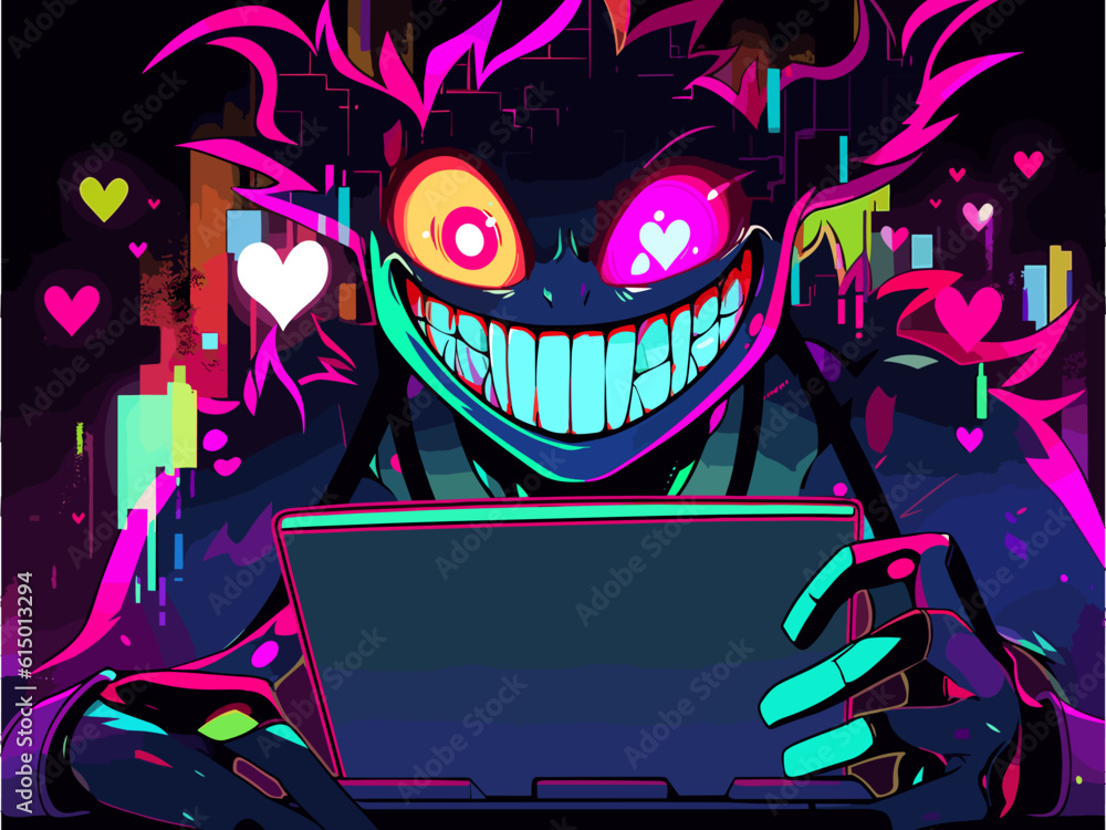 A laptop villain with glowing red eyes and a wicked grin Stock Vector ...