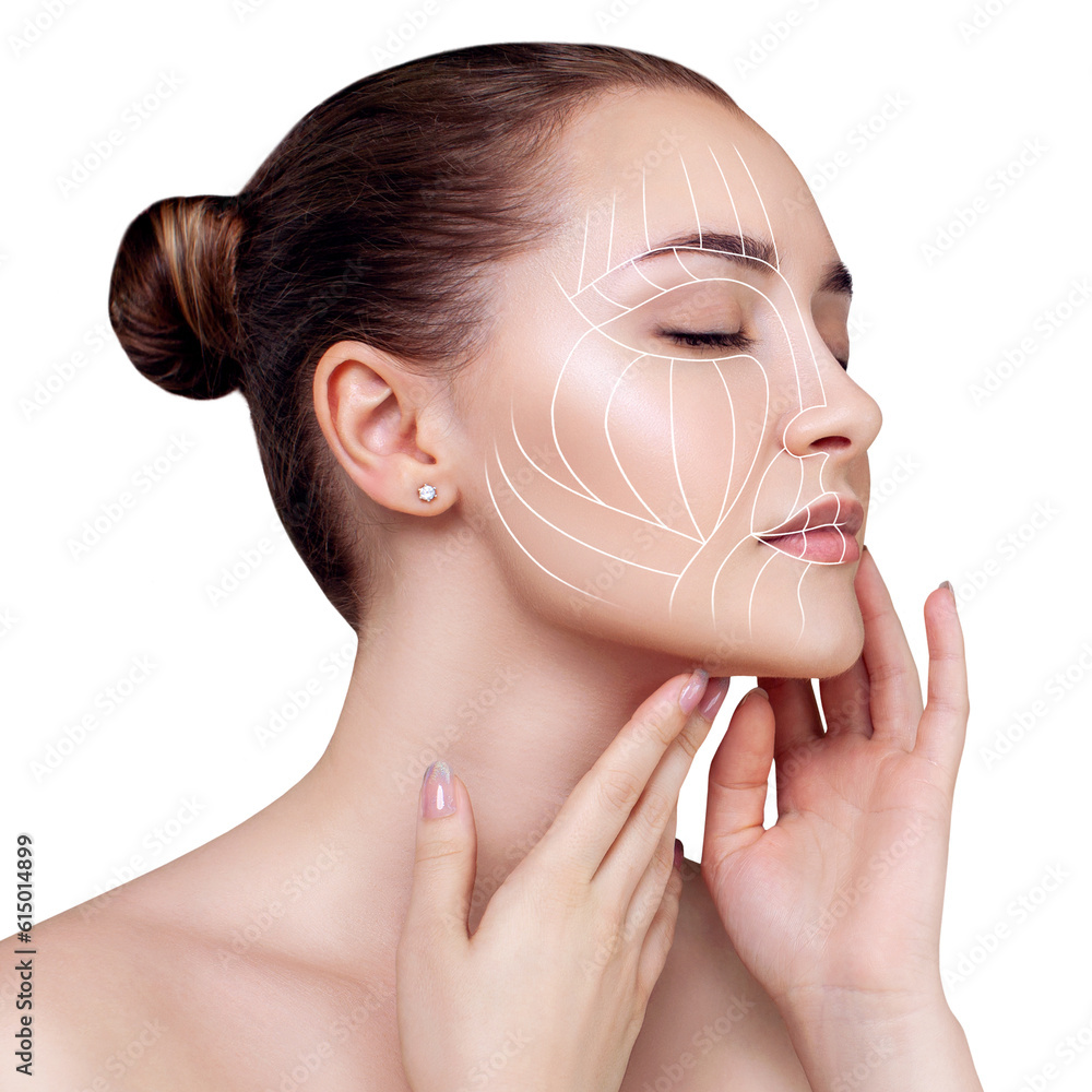 Graphic lines shows face lifting effect on young female face. Stock ...
