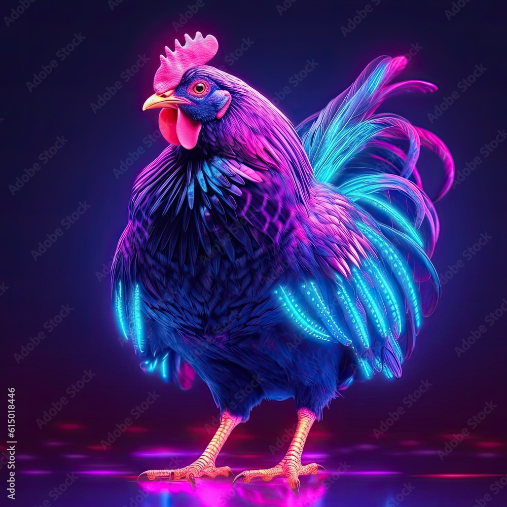 Cute Chicken animal in neon style. Portrait of glow light animal ...