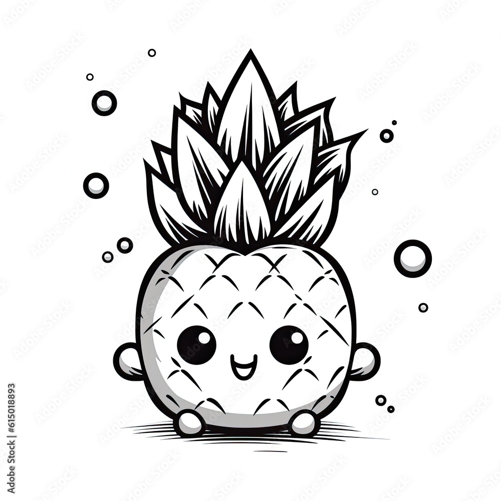 Kawaii style Pineapple fruit character in coloring page style ...