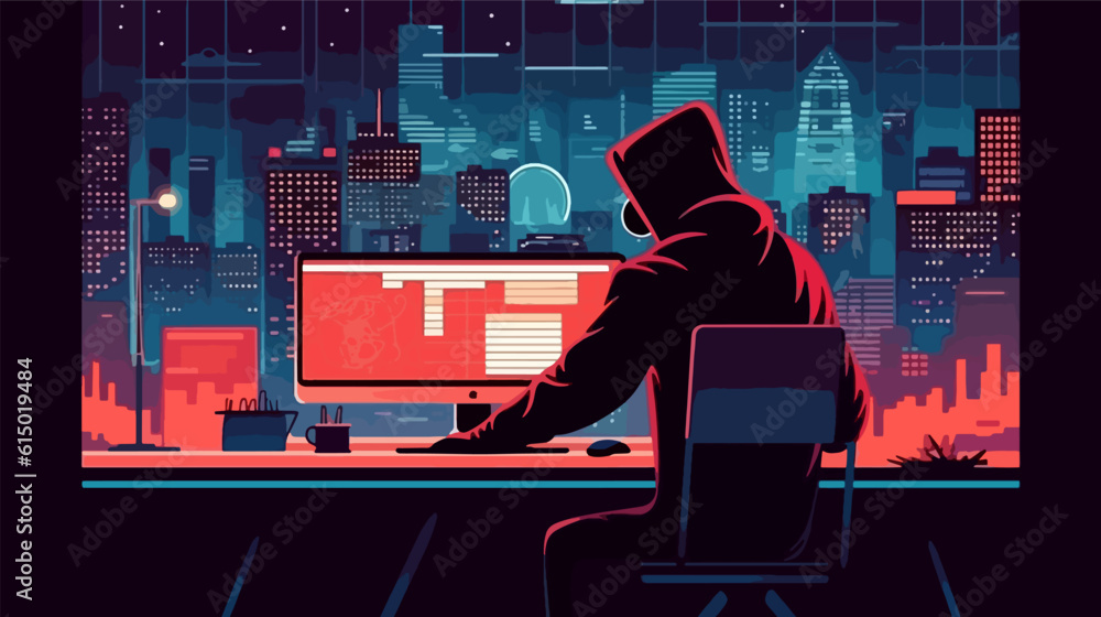 Business concept illustration of a hacker behind desktop computer ...
