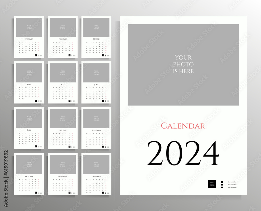 Monthly calendar for 2024. Set of 12 A4 size vector vertical templates ...