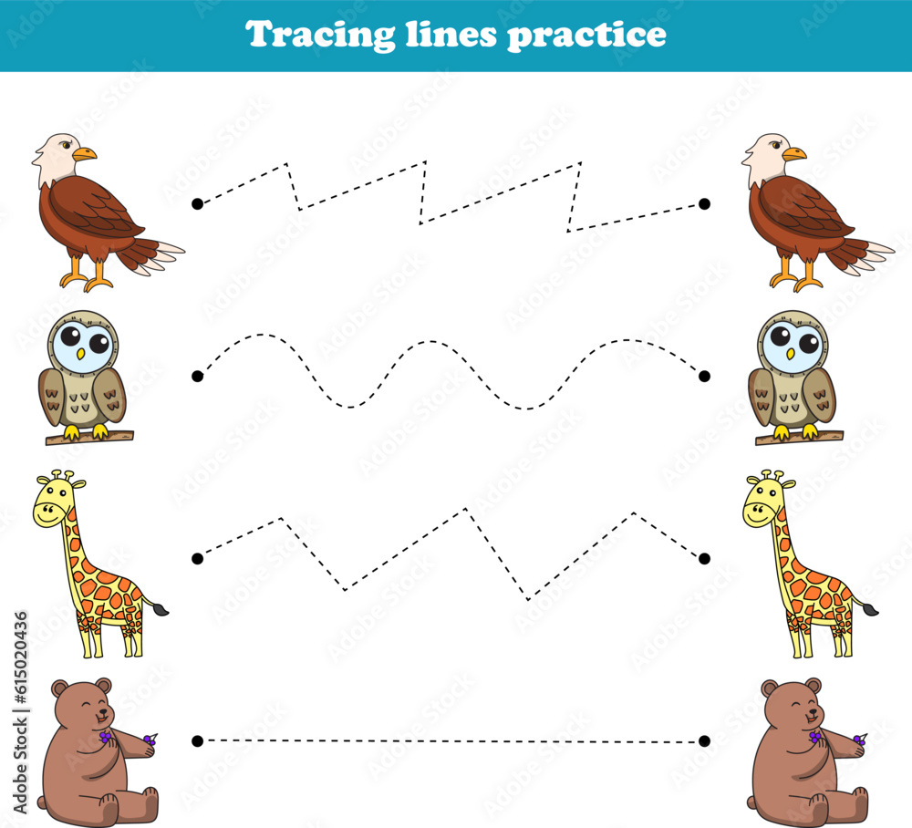 Tracing Lines eagle owl giraffe bear. Educational games. Worksheet ...