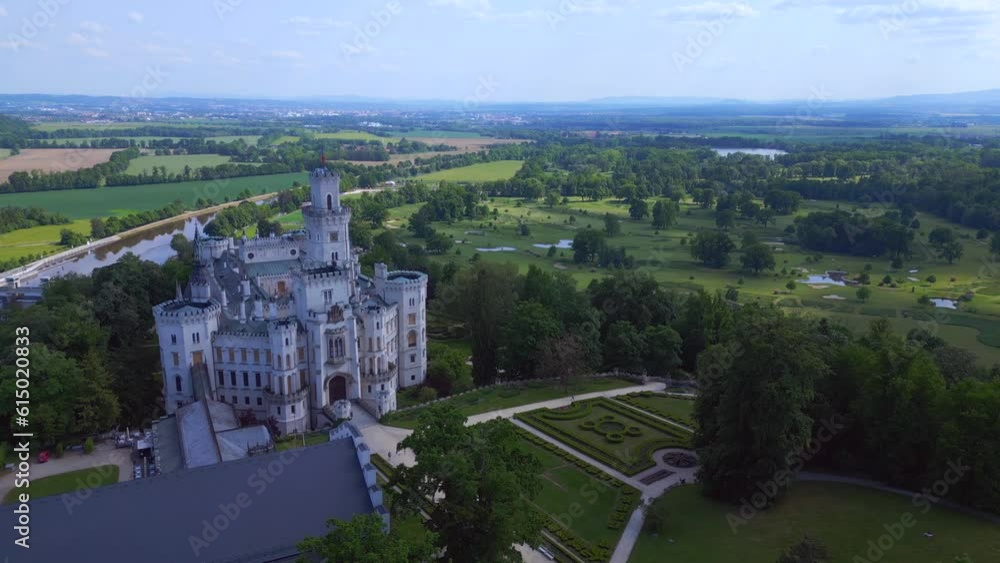 castle In shade. Gorgeous aerial top view flight Fairy tale castle in ...