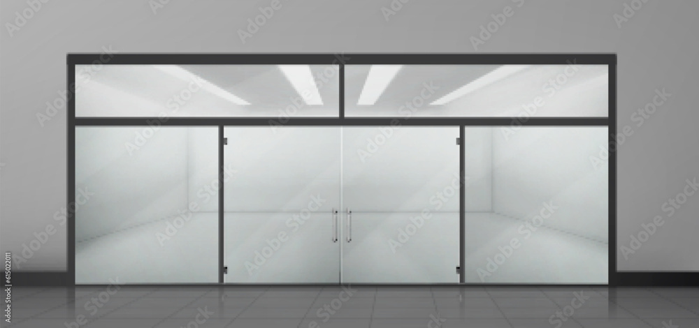 3d front glass window and door in store mockup. Realistic empty office ...