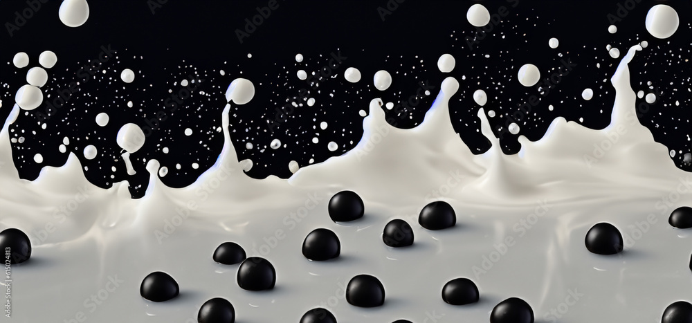 Bubble milk tea with tapioca balls splashing against black background ...