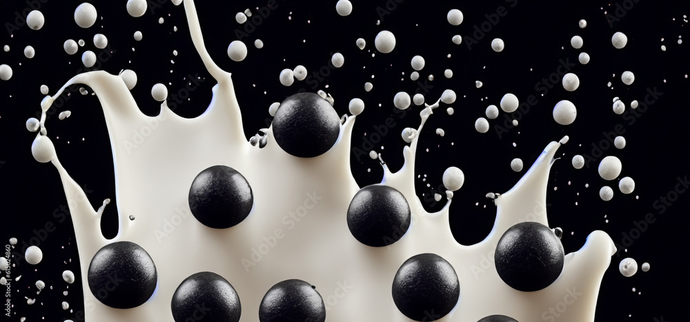 Bubble milk tea with tapioca balls splashing against black background ...