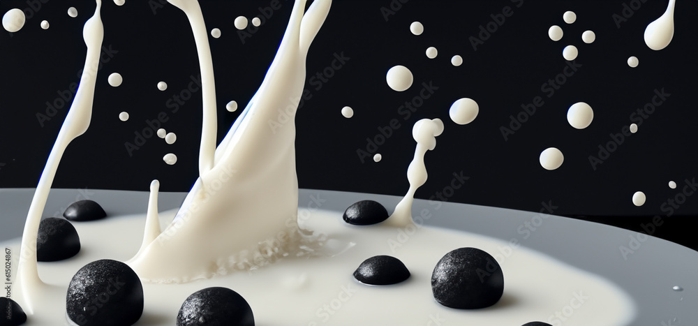 Bubble milk tea with tapioca balls splashing against black background ...