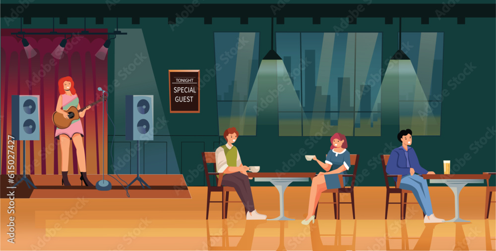 Karaoke nightlife bar vector illustration. Cartoon flat man woman ...