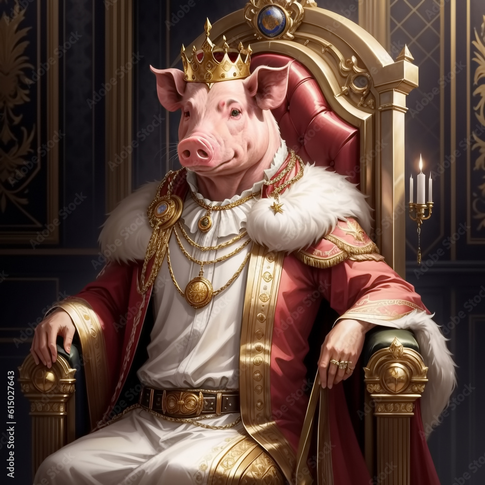 Pig wearing crown in throne room. Generative AI Stock Illustration ...