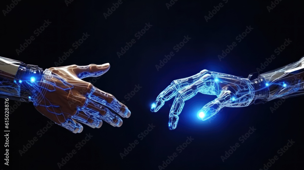 AI robot hand about to touch human finger Digital hand hologram on ...