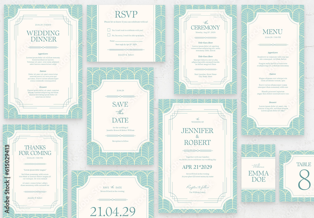 Mint Blue Wedding Invite Layouts Set Stock Template | Adobe Stock