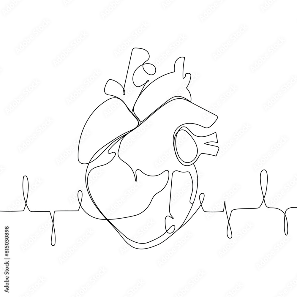 Anatomical human heart silhouette Single continuous line art .Healthy ...