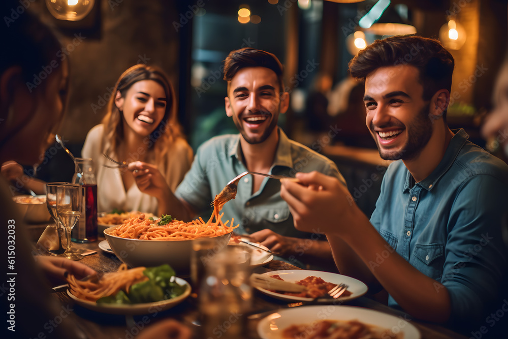 Group of friends having a pasta dinner party at a restaurant. They are ...