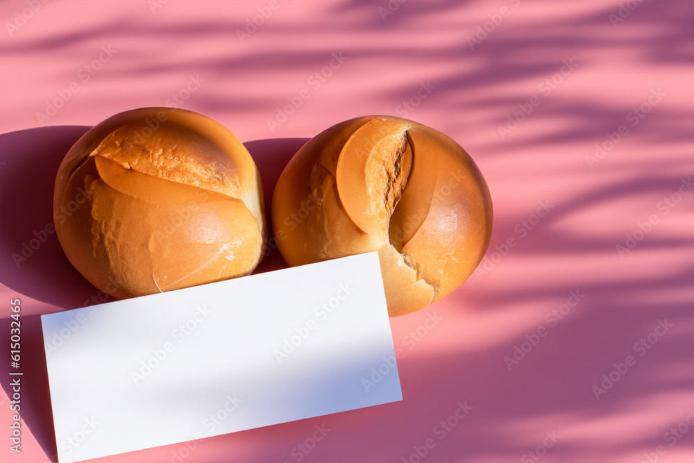 Gently pink background, white paper cards A4, A6, business cards and ...