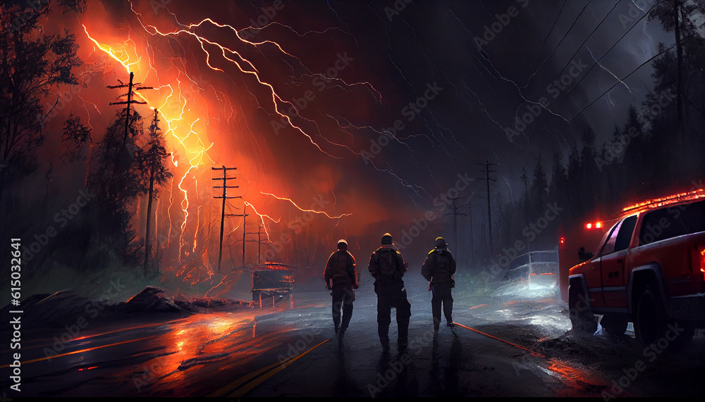 Concepts of natural disasters and global warming. A firefighter against ...