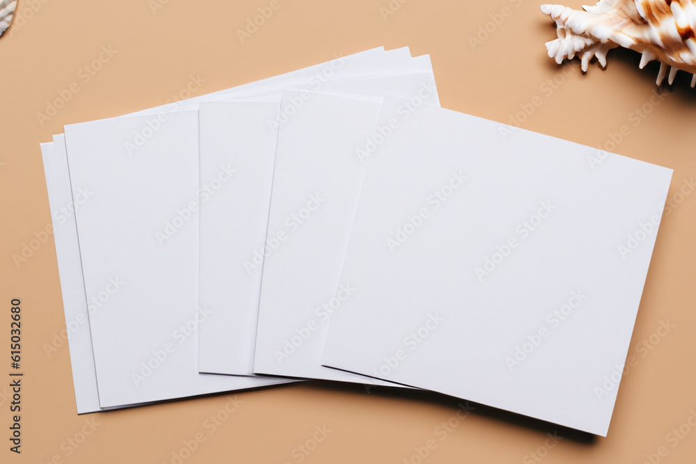 Gently beige background, white paper cards A4, A6, business cards and ...