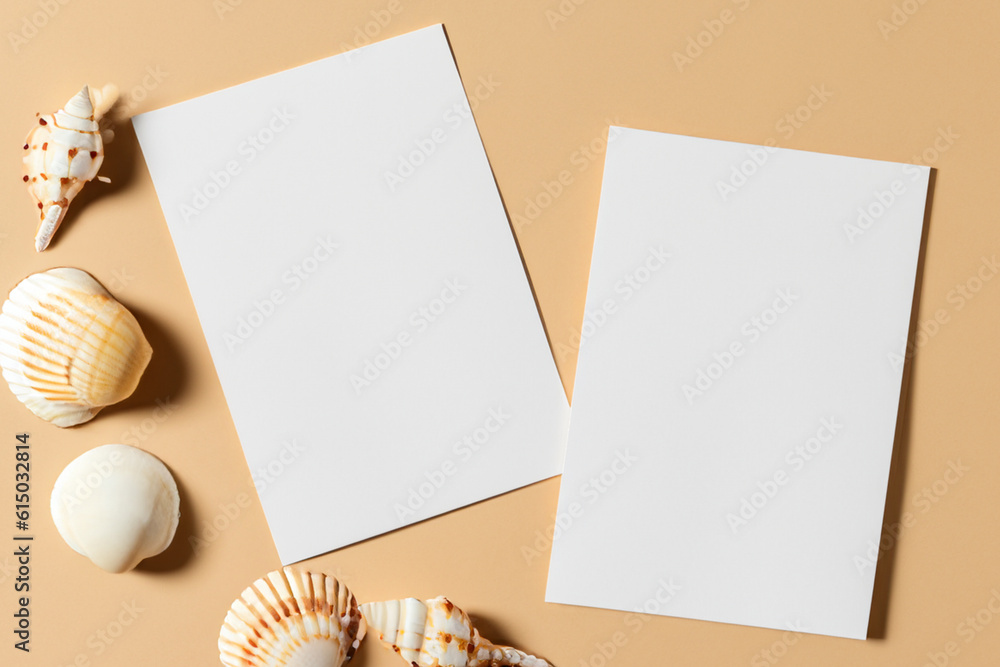 Gently beige background, white paper cards A4, A6, business cards and ...