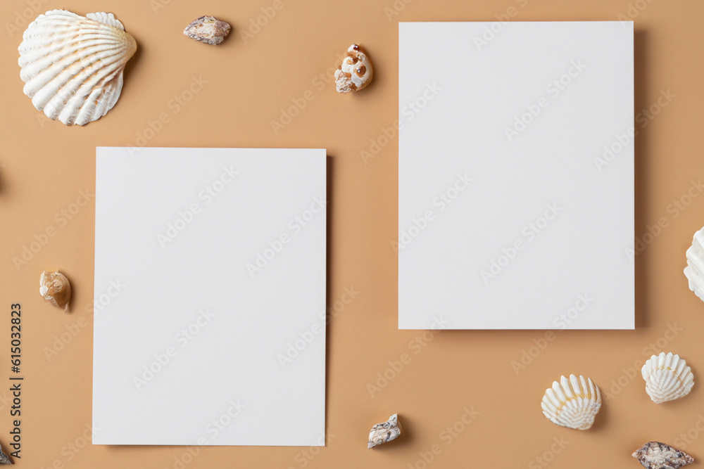 Gently beige background, white paper cards A4, A6, business cards and ...