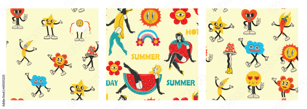 Colorful funny happy face label seamless pattern set. Collection of ...