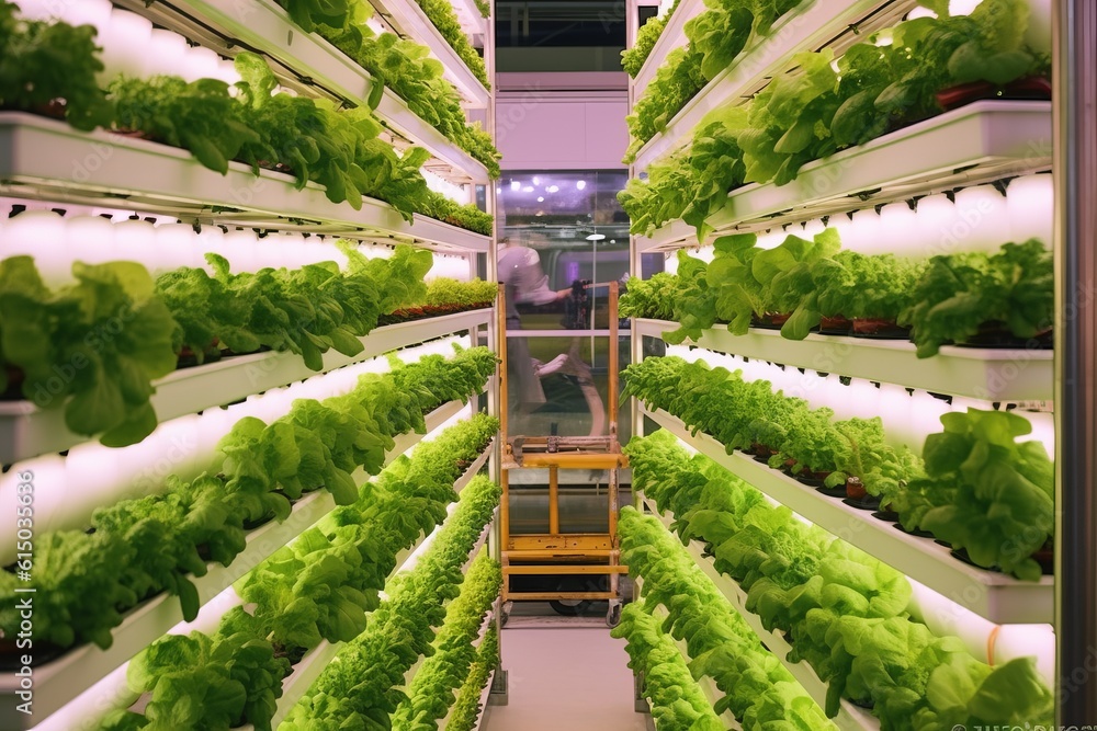 High tech vertical hydroponic farm in building with shelving system ...
