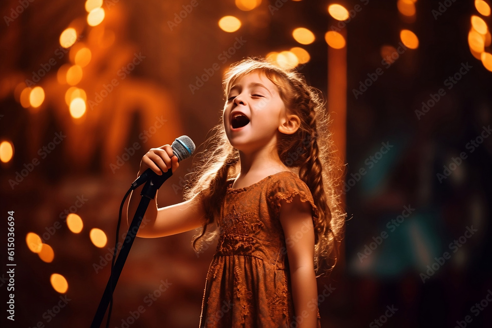 young adorable girl singing on stage with blurry light background Stock ...