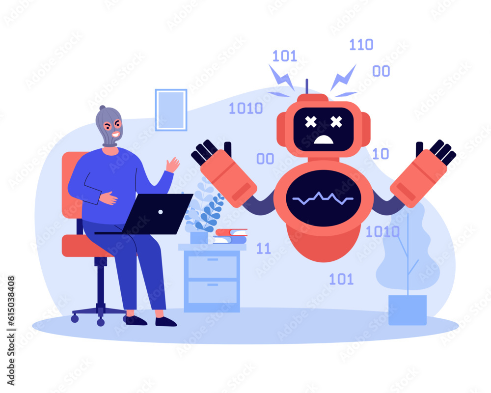 Hacker breaking chatbot vector illustration. Evil man in mask hacking AI robot, using computer ...
