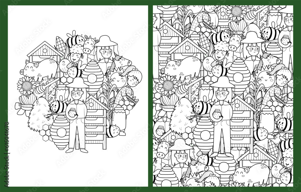 Coloring pages set with farm characters. Cute bees and beekeeper ...
