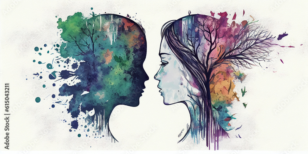 Bipolar disorder mind mental health connection watercolor painting ...
