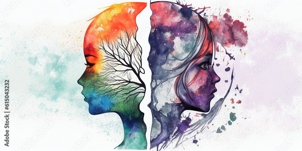 Bipolar disorder mind mental health connection watercolor painting ...