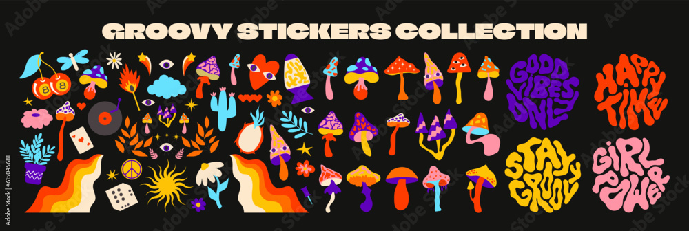 Retro 70s hippie stickers, psychedelic groovy elements. Funky cartoon ...