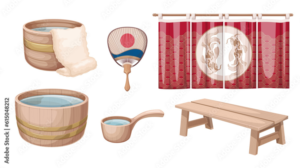 Japanese onsen accessories set vector illustration. Cartoon isolated ...