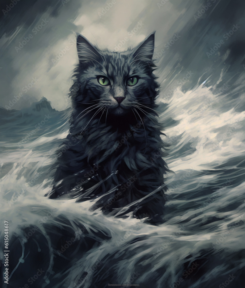 AI-generated illustration of a wet cat amid a severe flood storm ...
