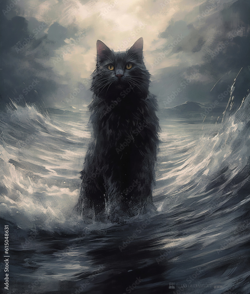 AI-generated illustration of a wet cat amid a severe flood storm ...