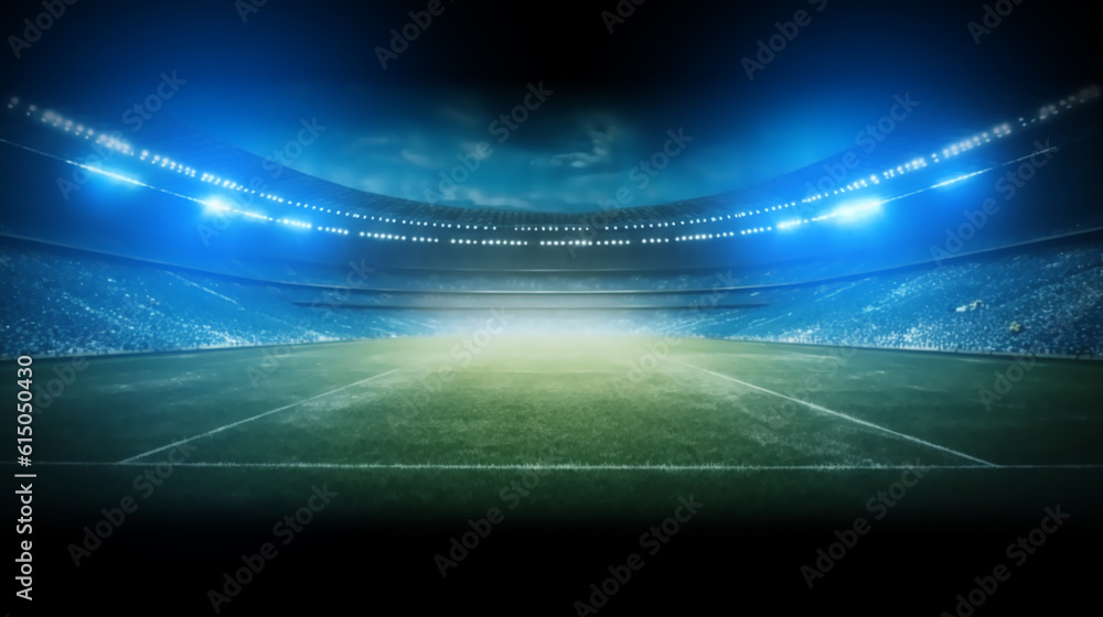 Soccer stadium grass field illuminated by spotlights and empty green ...