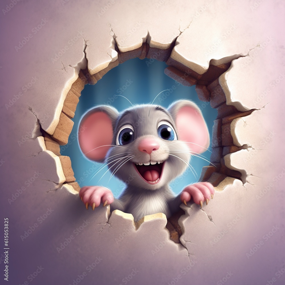 cartoon illustration, a cute mouse peeking out of a hole in the wall ...