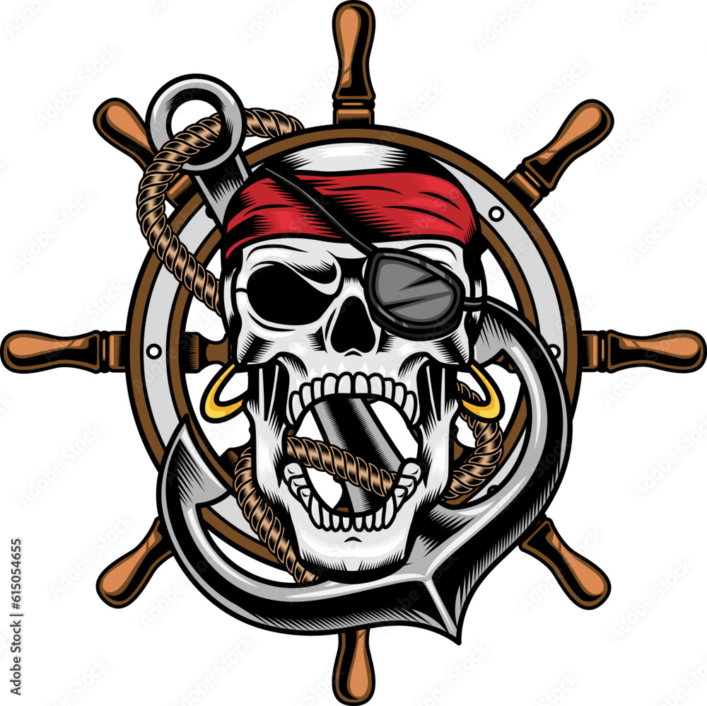 Vetor de Pirate Skull Over Anchor In Ropes And Ship Rudder Graphic Logo ...