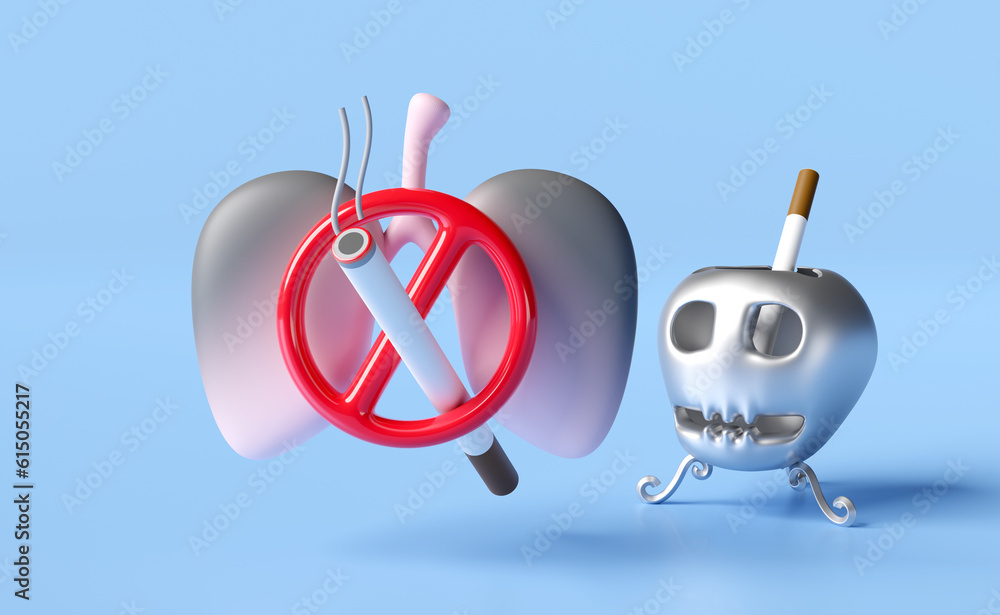 3d cigarette with prohibition sign, smoking, skull ashtray, black lungs ...