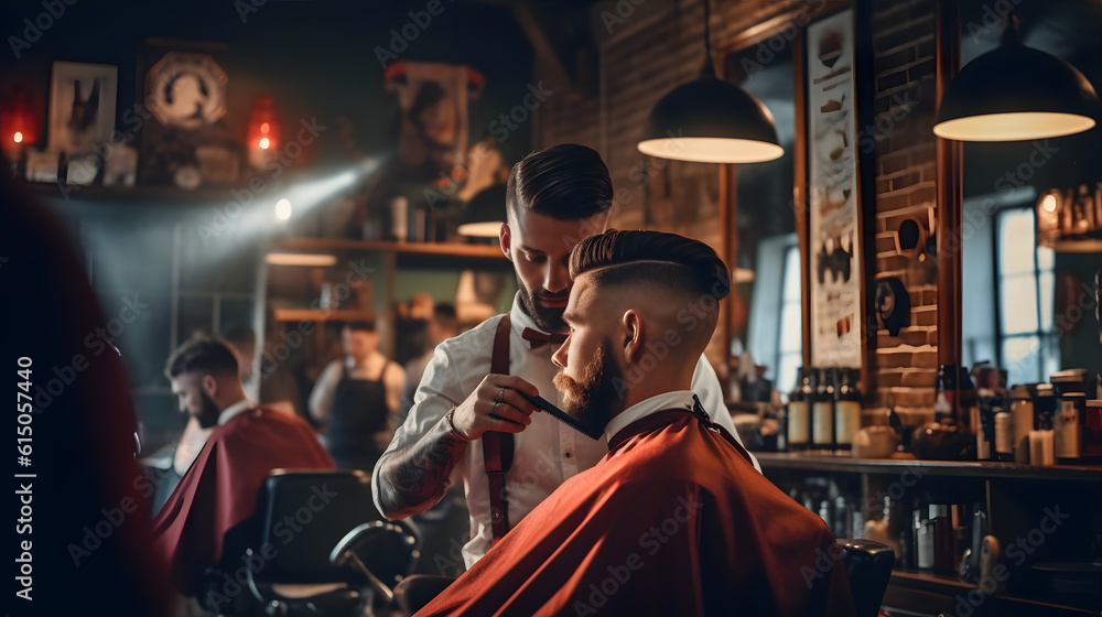A barber carefully trimming a customer's hair, as the customer's face ...