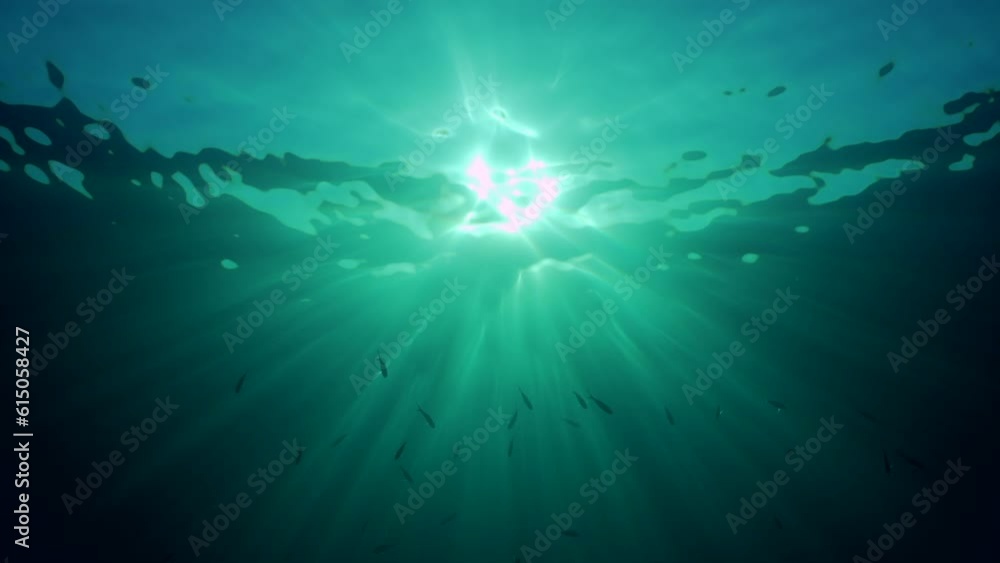 Fish silhouettes swims in sunlight at sunrise. Natural background with ...