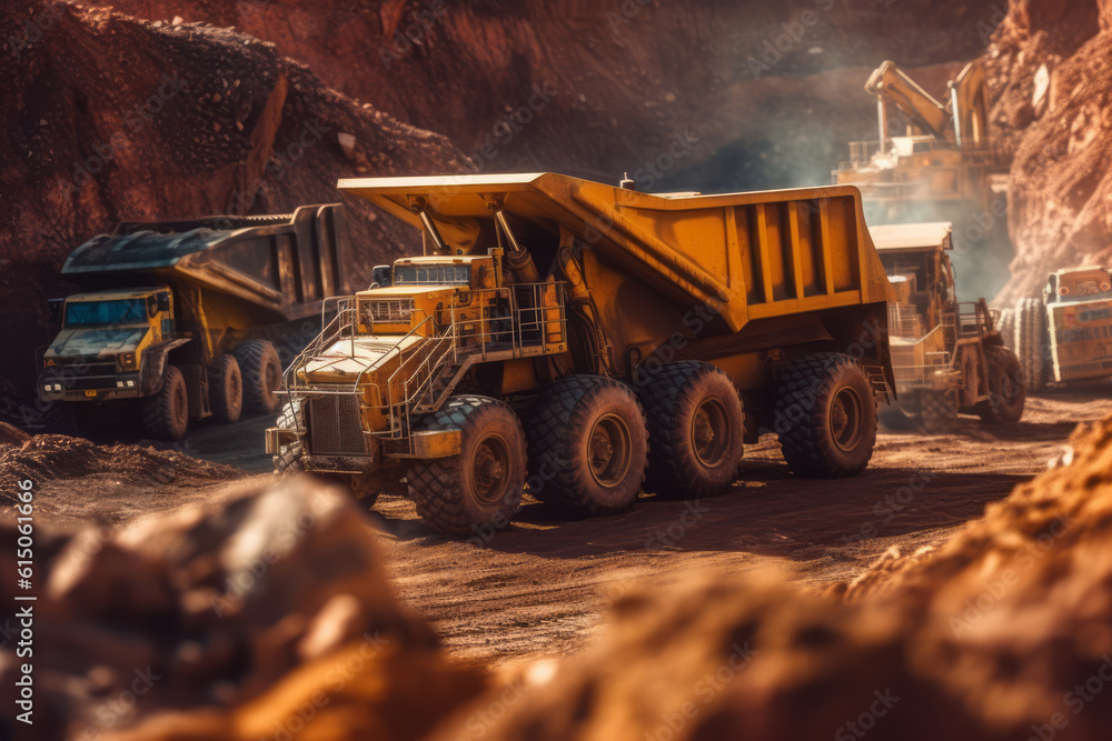 Heavy machinery, such as excavators and dump trucks, operating in a ...