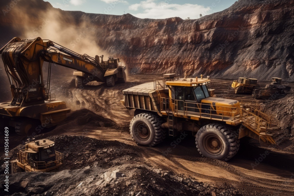 Heavy machinery, such as excavators and dump trucks, operating in a ...