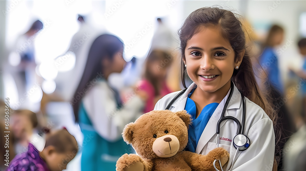 Cute kid girl playing doctor in doctors scrub suit with plush toy at ...