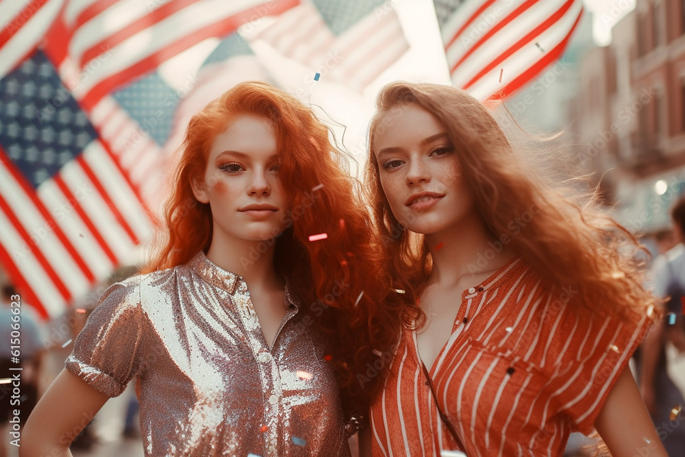 two young girls having fun at independence day party. fourth of july ...