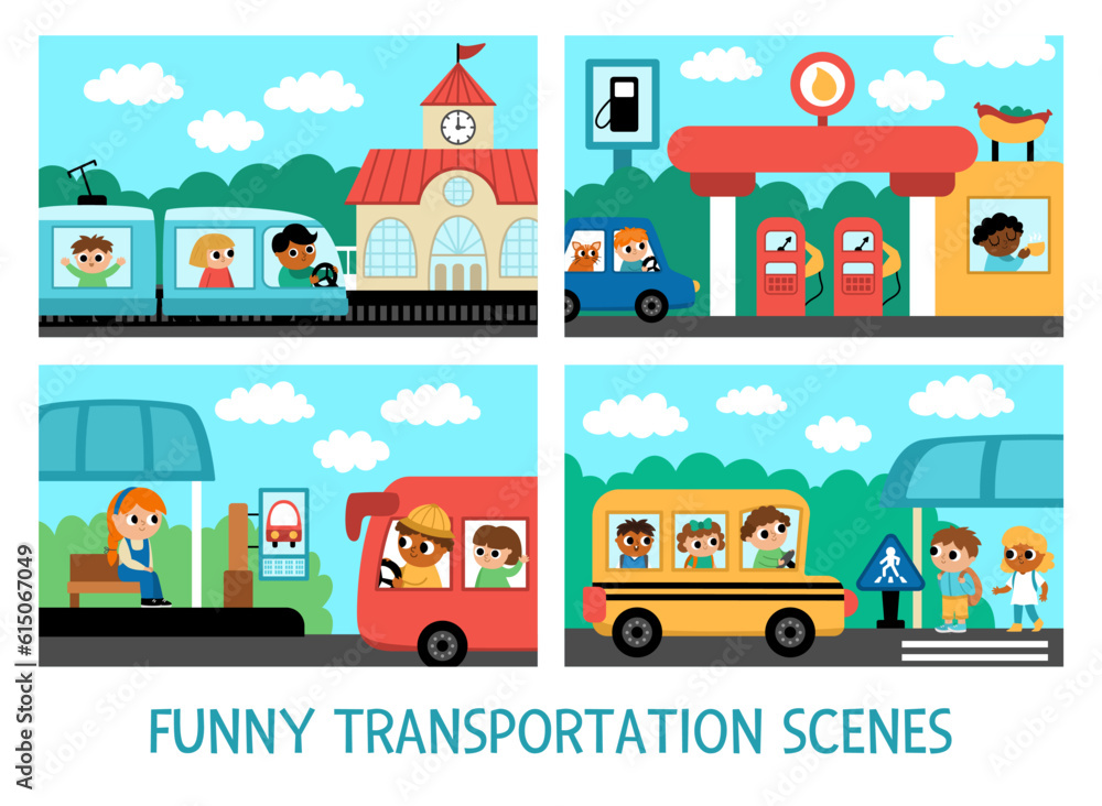 Vector transportation scenes set. Cute kids driving different transport ...