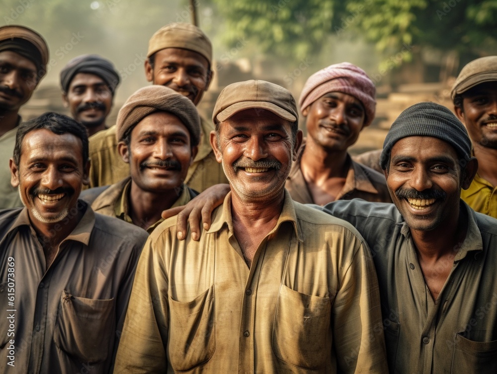 Group of poor but happy smiling Indian or bangladesh workers, low paid ...