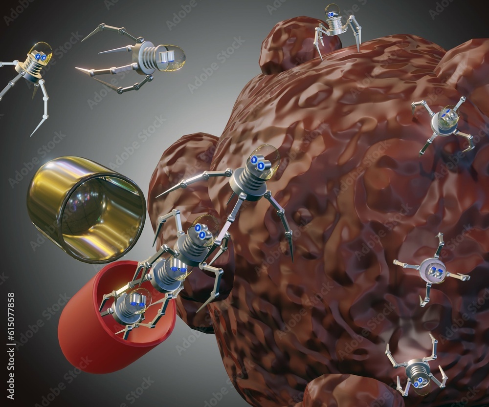 Tumor cell invaded by nanobots or nanoparticle robots 3d rendering ...