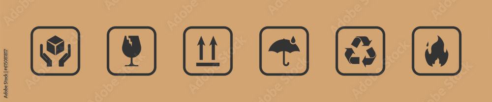 Packaging symbols set, icon on cardboard paper background. Warning ...