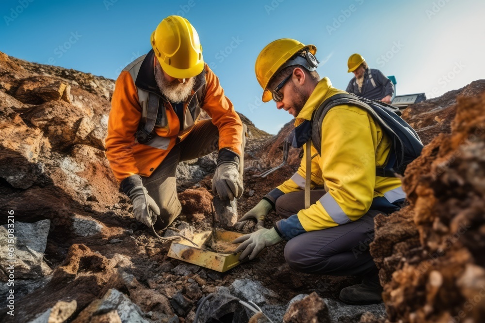 Geologists examining rock samples or using specialized equipment to ...